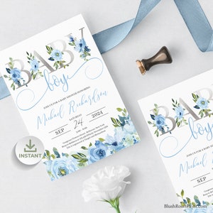 Blue Floral Baby Shower Invitation, Silver and Blue, Boy Baby Shower ...