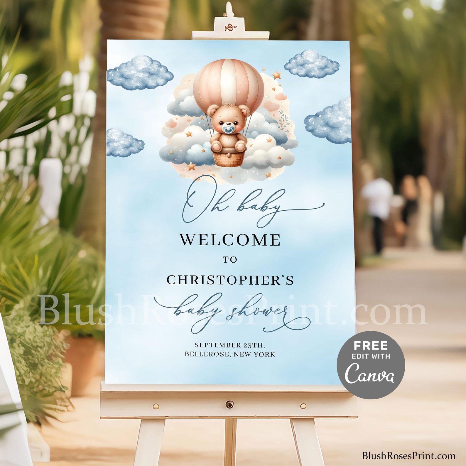 Editable Boy Baby Shower Welcome Poster Template Cute Teddy Bear Over ...