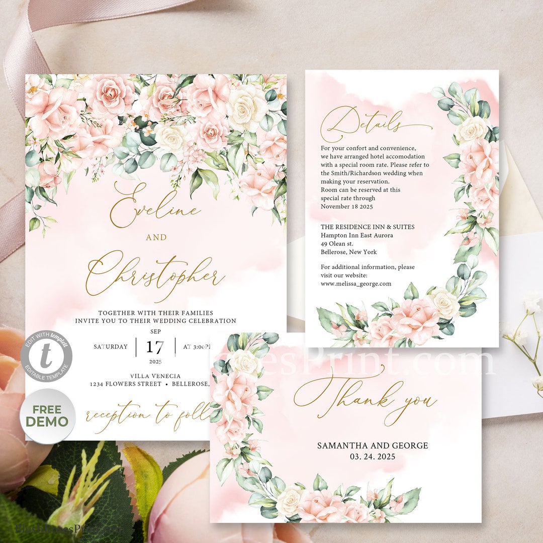 Boho Blush Floral Wedding Invitation Template, Blush Pink and Gold ...