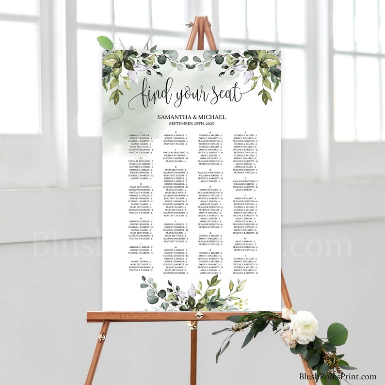 Boho Greenery Alphabetical Seating Chart Editable Seating - Etsy