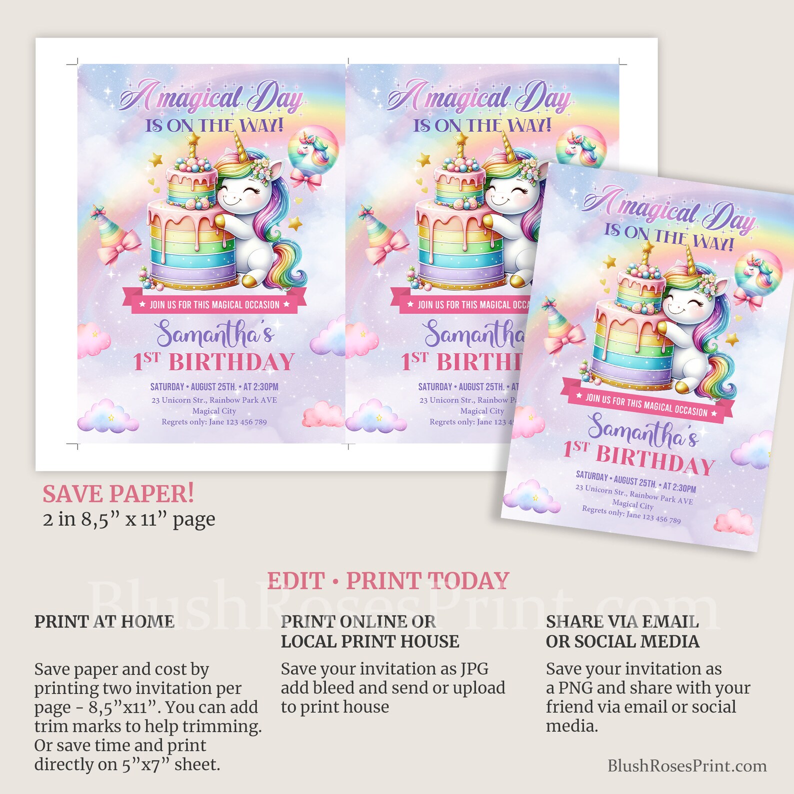 EDITABLE Cute Unicorn With Cake Rainbow Girls First Birthday Party ...