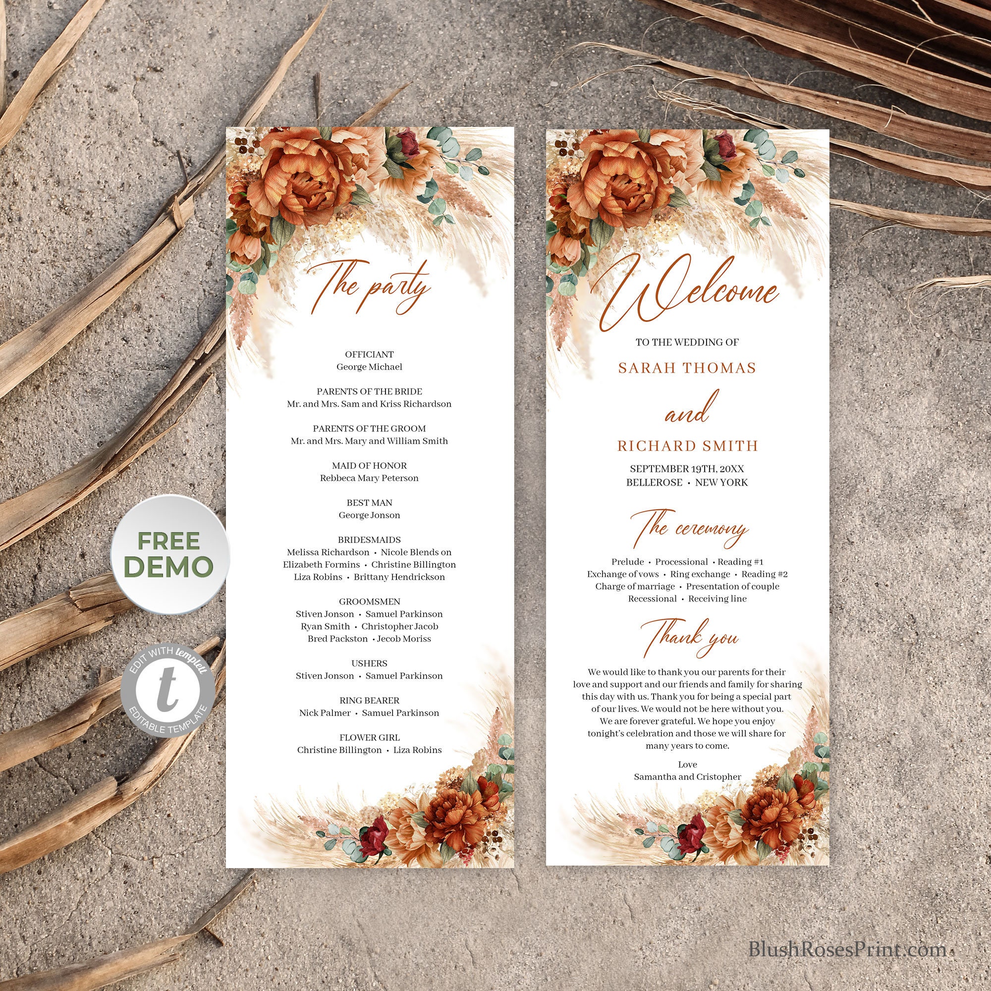 Terracotta Wedding Program Template Editable Boho Tropical - Etsy UK