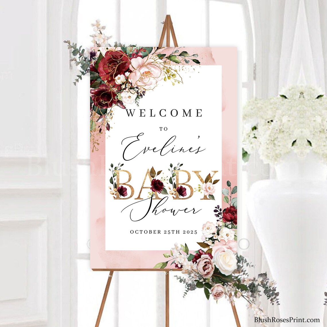 Letras doradas Baby Shower Welcome Sign Blush and Burgundy - Etsy España