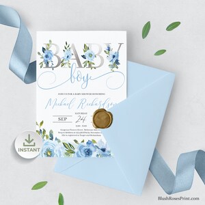 Blue Floral Baby Shower Invitation, Silver and Blue, Boy Baby Shower ...