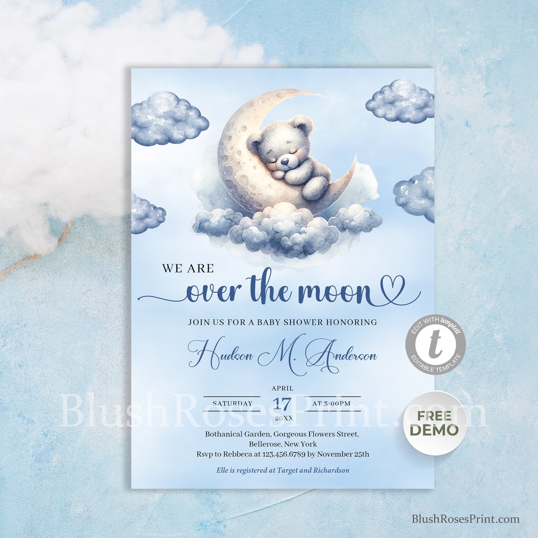 EDITABLE We Are Over the Moon Boy Baby Shower Invitation Printable ...