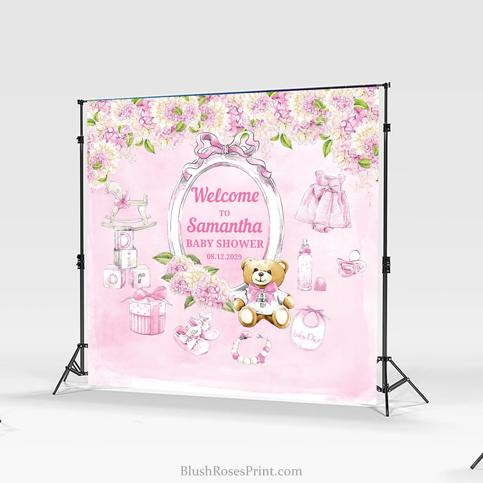 Girl Baby Shower Backdrop Template, Teddy Bear Party Banner, DIGITAL ...