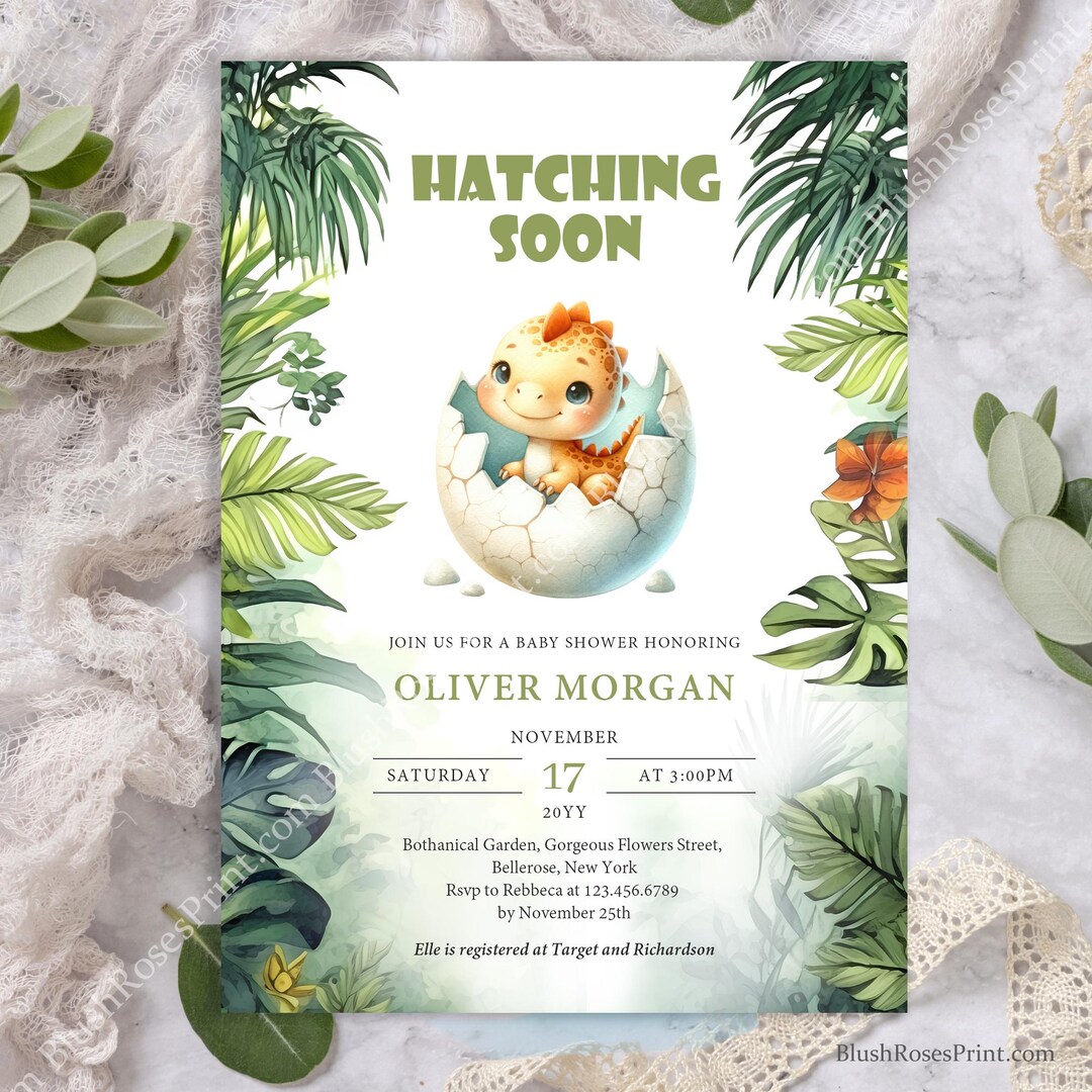 Editable Hatching Soon Dinosaur Boy Baby Shower Invitation Template ...