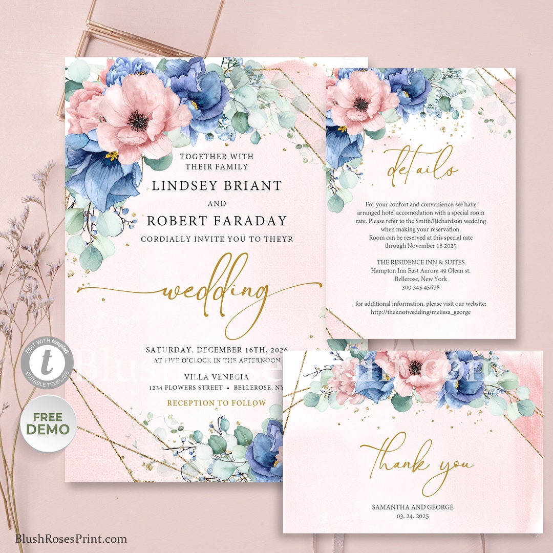 Dusty Blue and Blush Wedding Invitation Template, Editable Boho Wedding ...