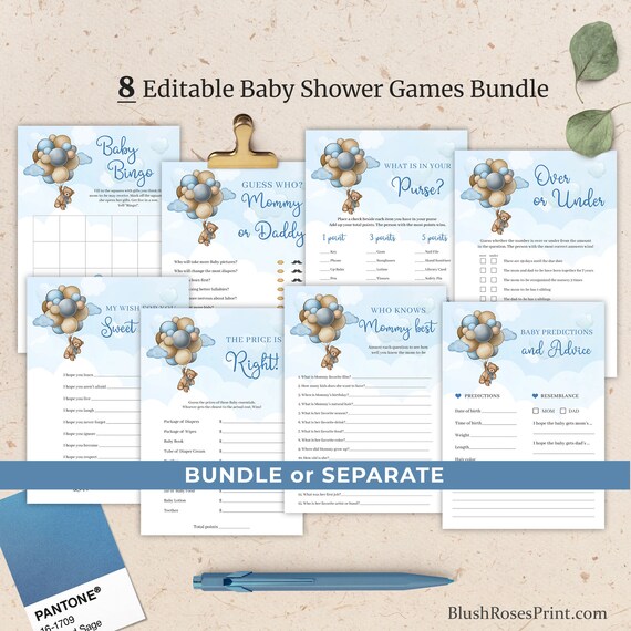 Boy Teddy Bear Baby Shower Games Bundle Dusty Blue and Brown - Etsy