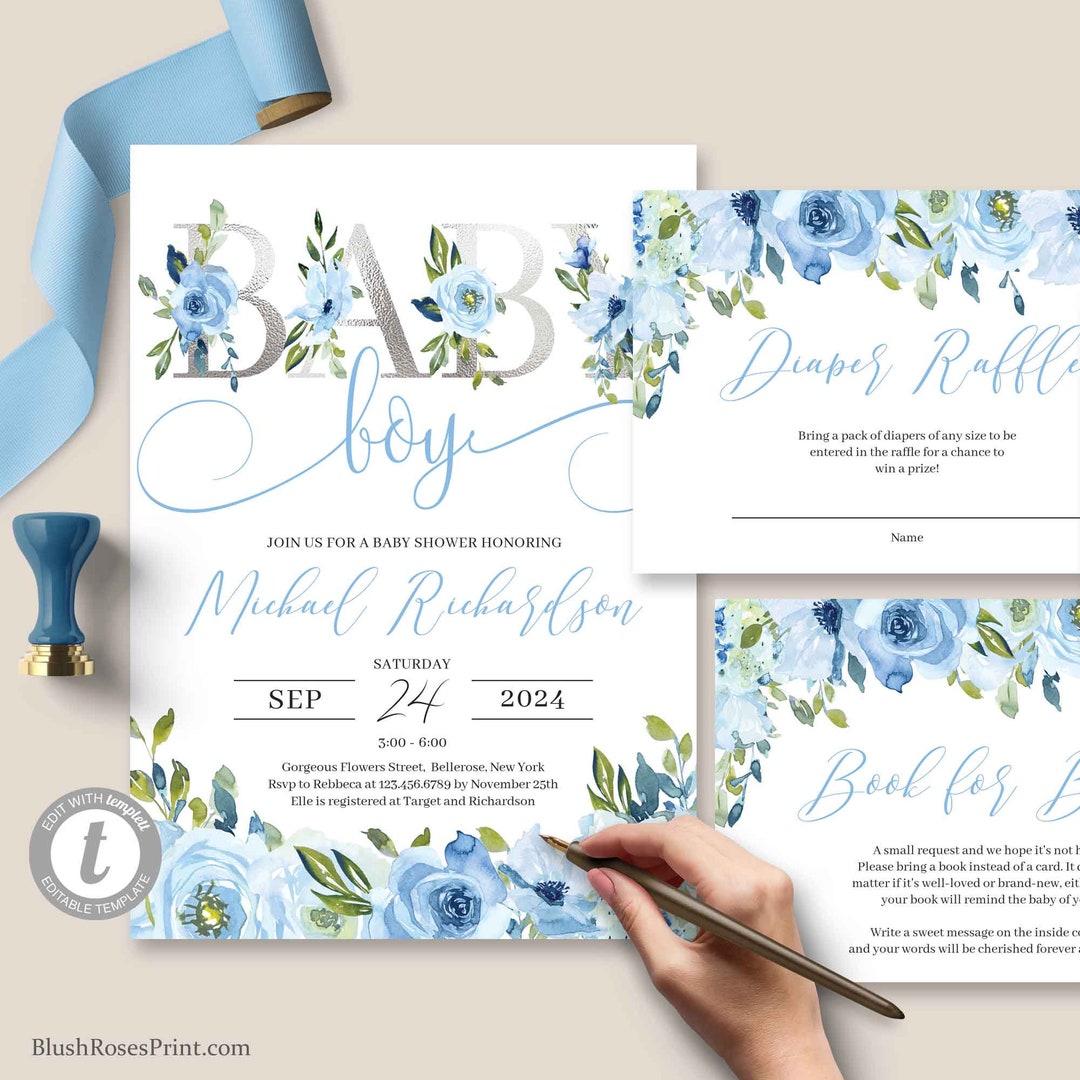 Blue Floral Baby Shower Invitation, Silver and Blue, Boy Baby Shower ...