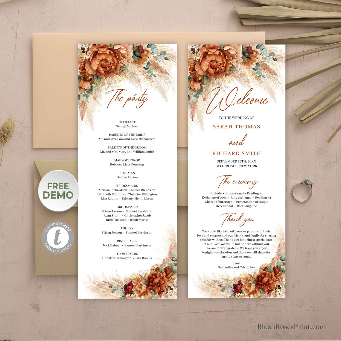 Terracotta Wedding Program Template Editable Boho Tropical - Etsy