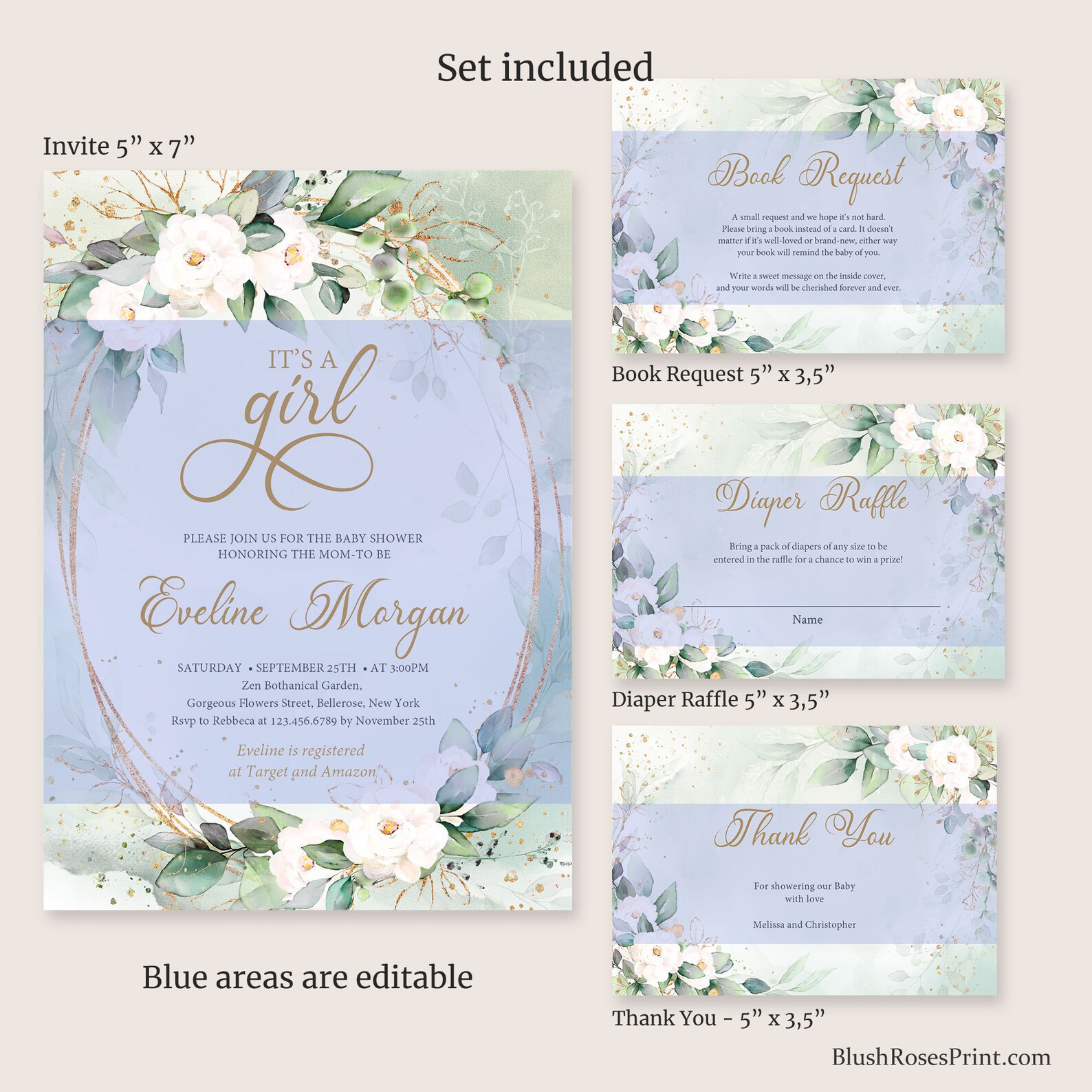 White Roses It's A Girl Invitation Template, Greenery Baby Shower ...