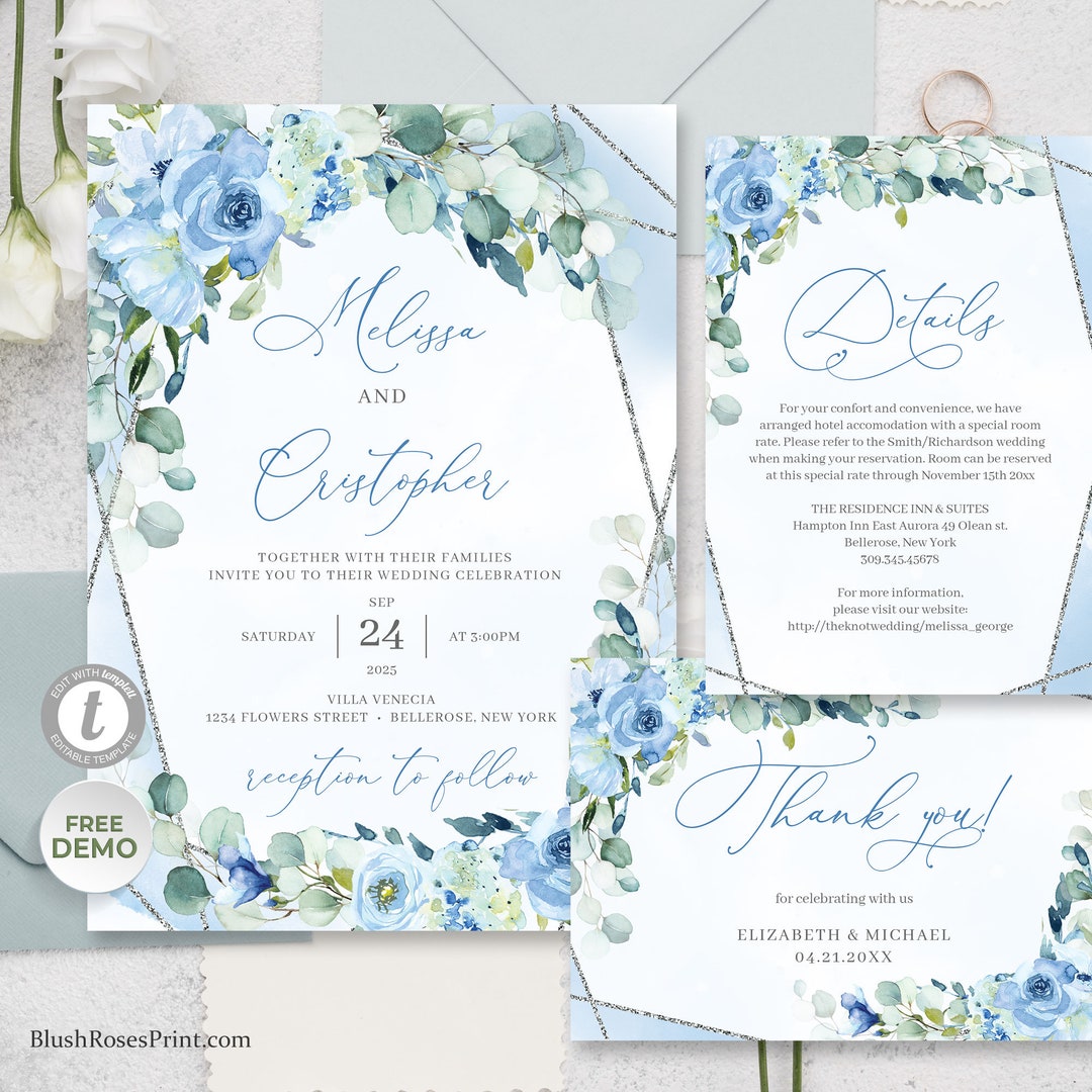 Dusty Blue Floral Wedding Invitation Template, Silver Geometric Frame ...