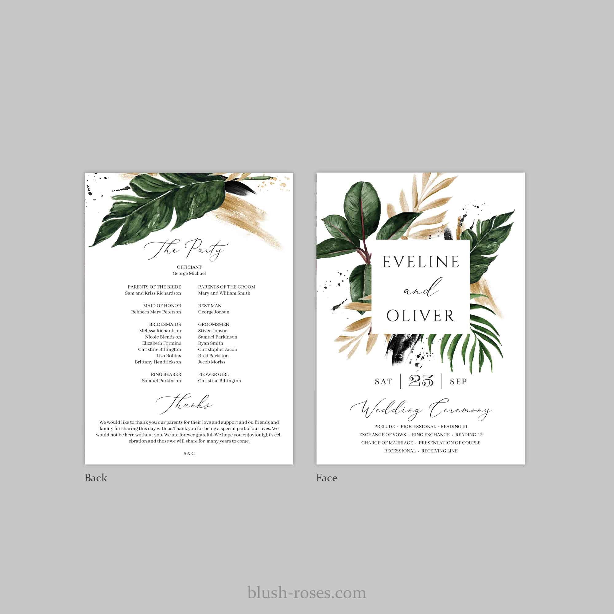 Greenery Tropical Leaves Wedding Program Fan Printable - Etsy