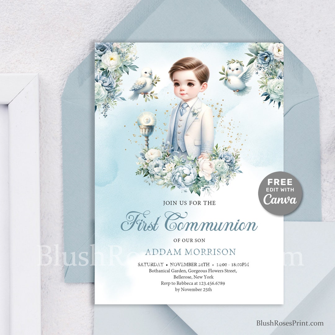 Editable Boy First Communion Invitation Template Watercolor Dusty Blue ...