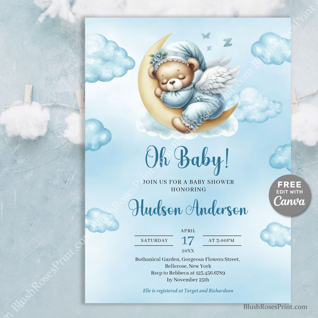 100% Editable Teddy Bear With Angels Wings Boy Baby Shower Invitation ...