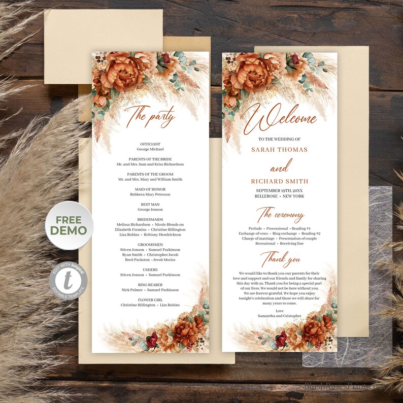 Terracotta Wedding Program Template Editable Boho Tropical - Etsy