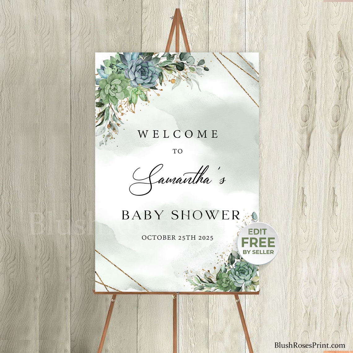 Succulents Baby Shower Welcome Sign Template, Boho Greenery Foliage ...