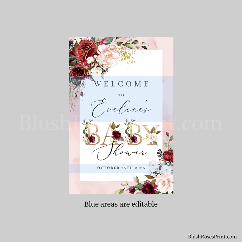 Letras doradas Baby Shower Welcome Sign Blush and Burgundy - Etsy España