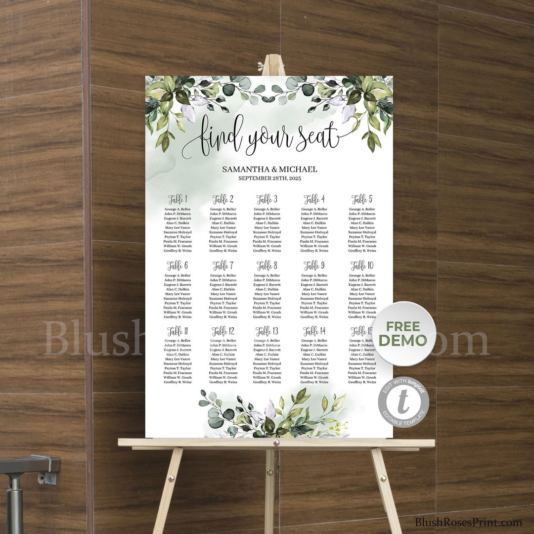 Greenery Seating Chart Template, Green Eucalyptus Seating Plan ...