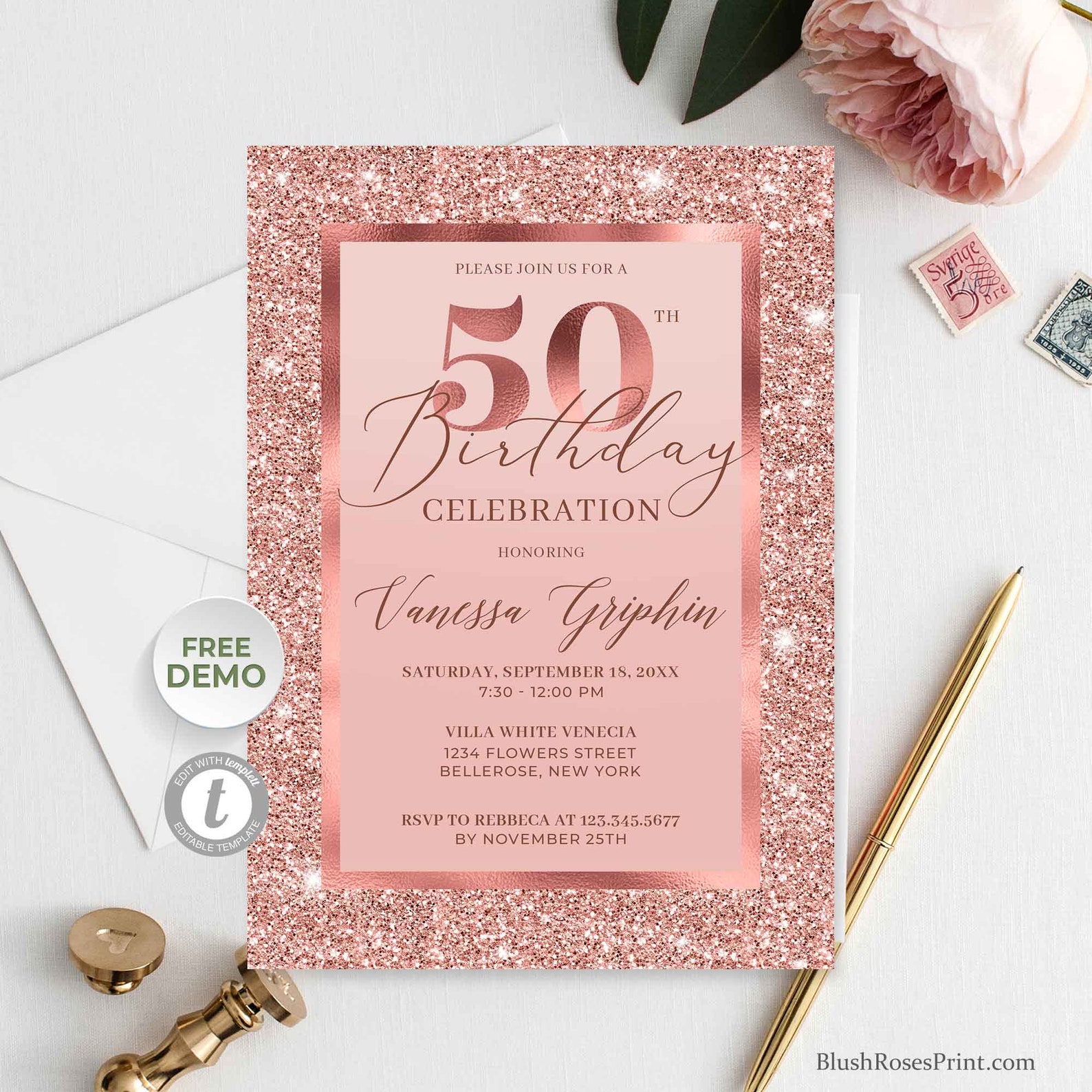 Rose Gold 50th Birthday Invitation Template Editable Fifty - Etsy