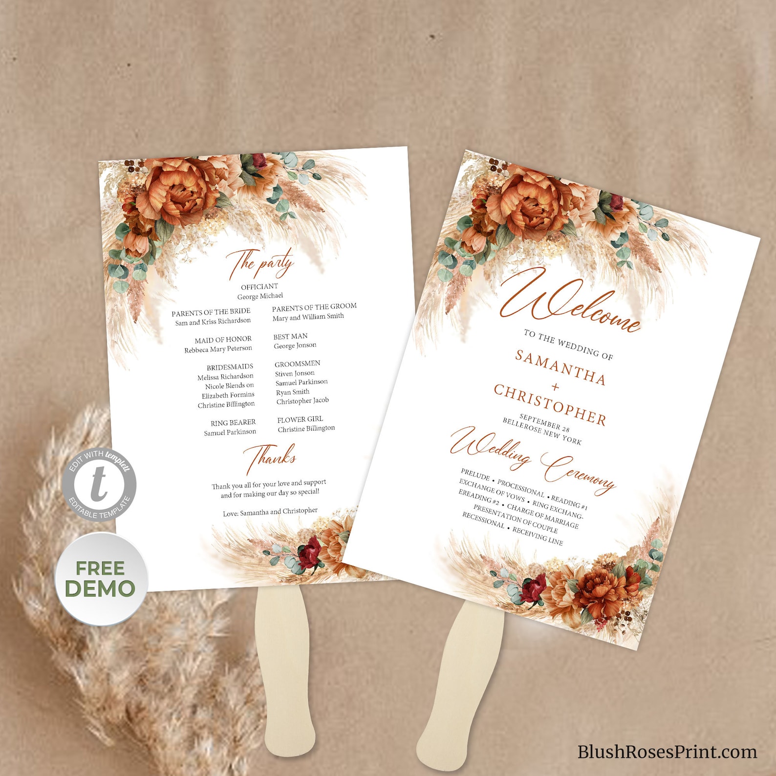 Terracotta Wedding Program Fan Template Boho Tropical - Etsy