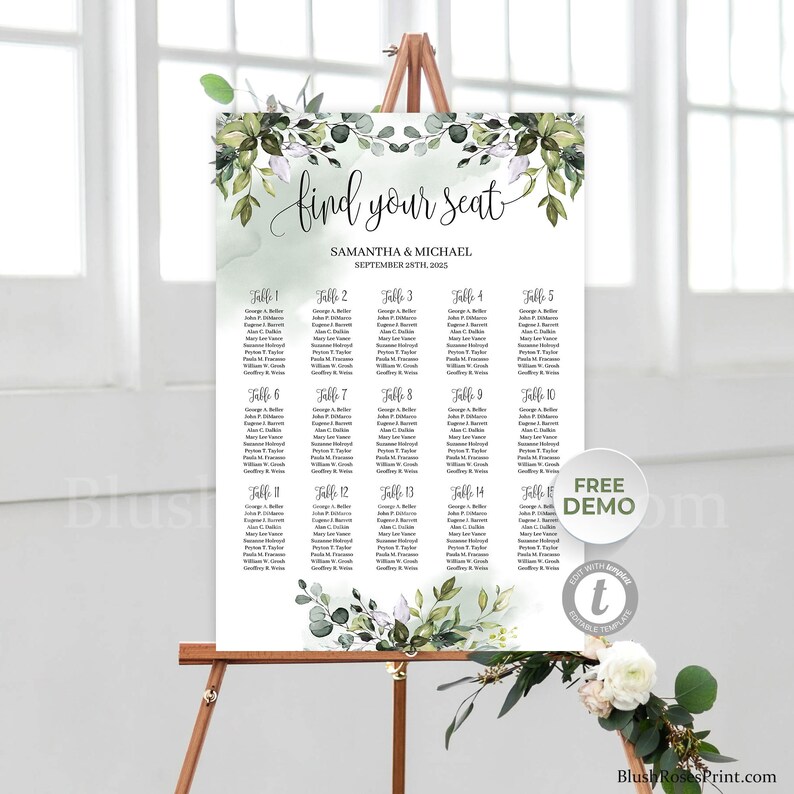 Greenery Seating Chart Template Green Eucalyptus Seating - Etsy