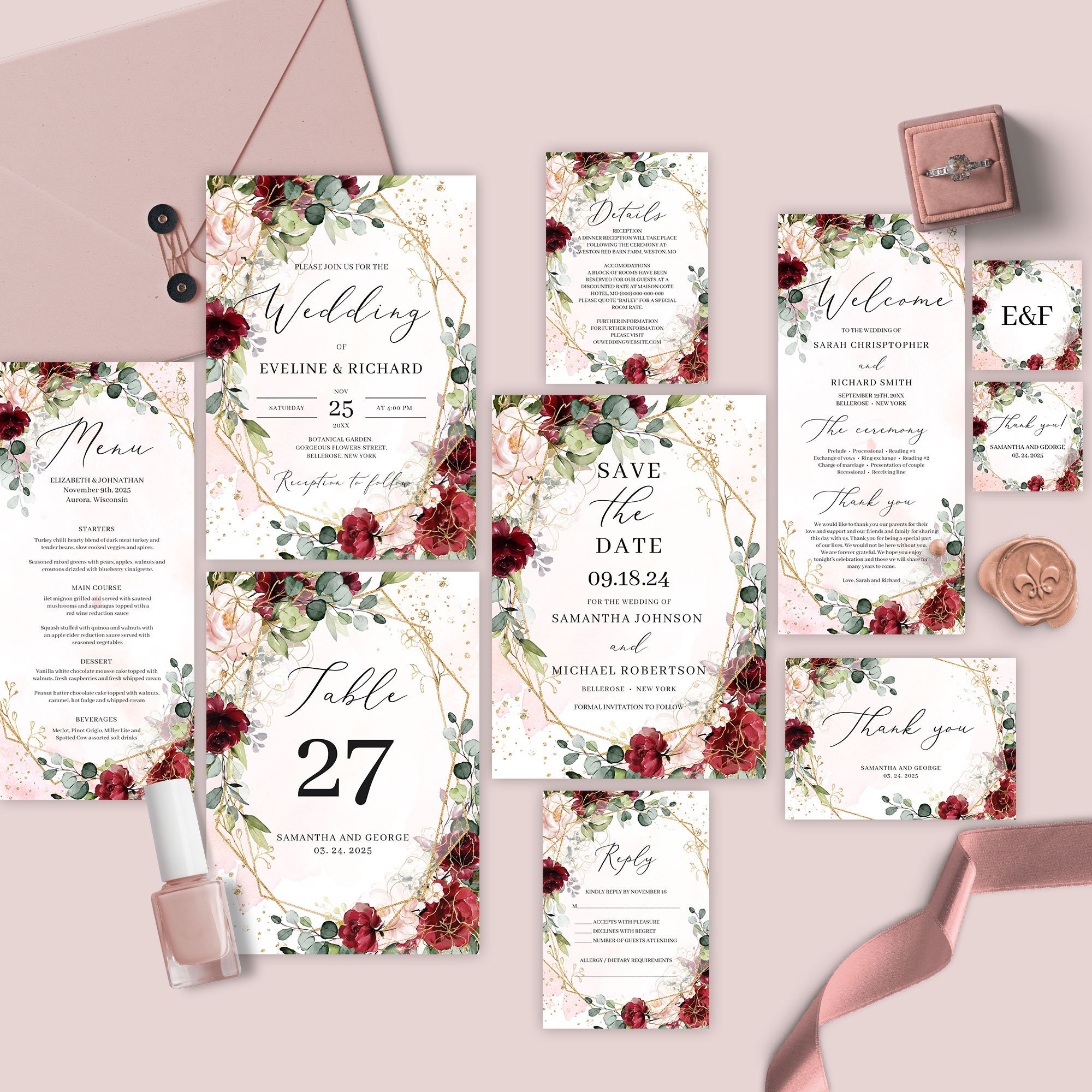 Wedding Invitation Bundle Suite Editable Blush Burgundy | Etsy