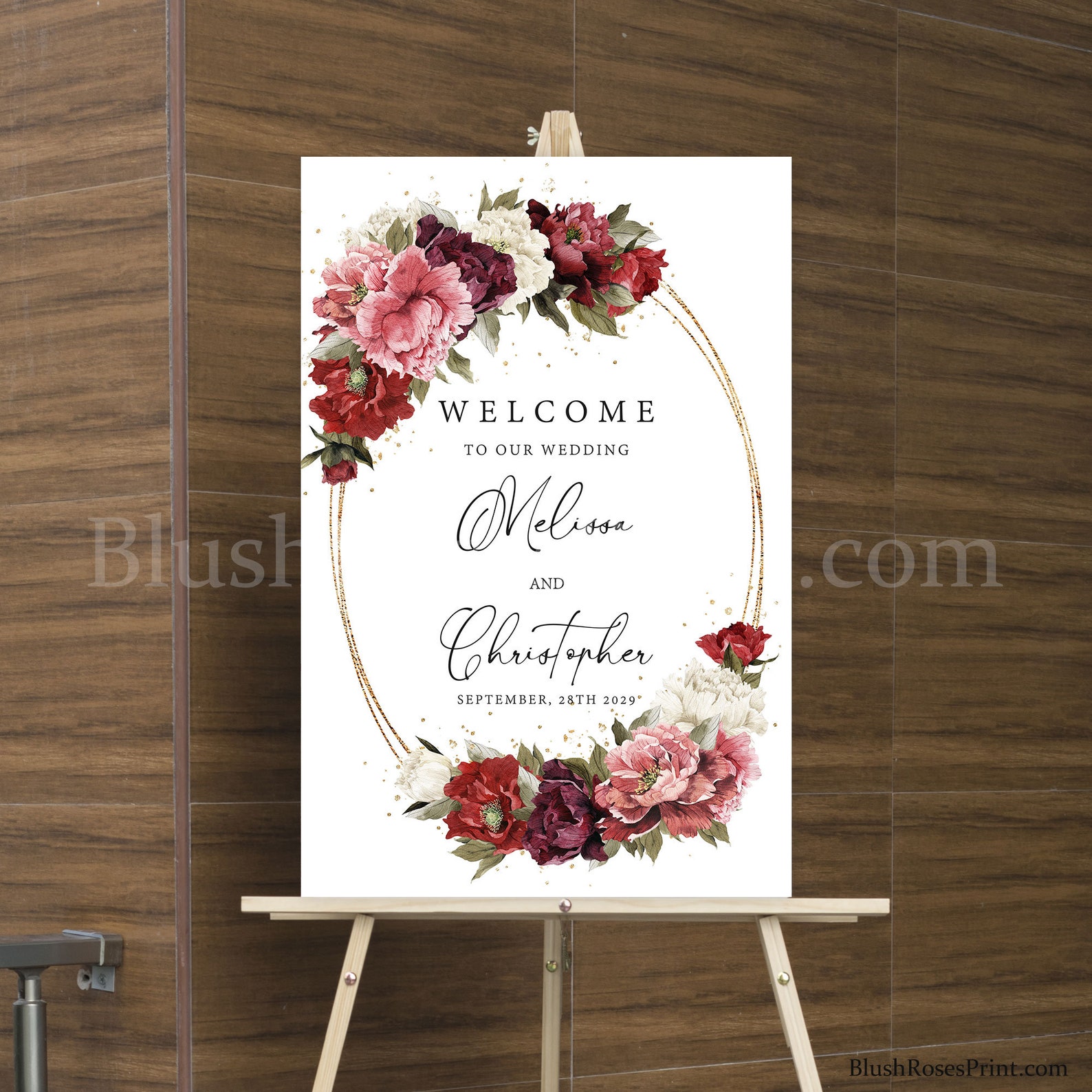 Burgundy and Blush Welcome Sign Template, Editable Wedding Welcome Sign ...