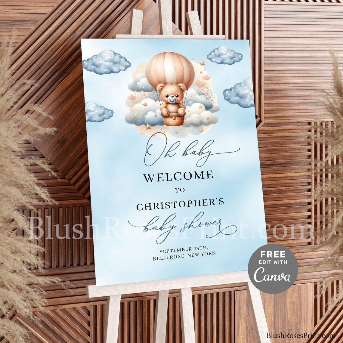 Editable Boy Baby Shower Welcome Poster Template Cute Teddy Bear Over ...