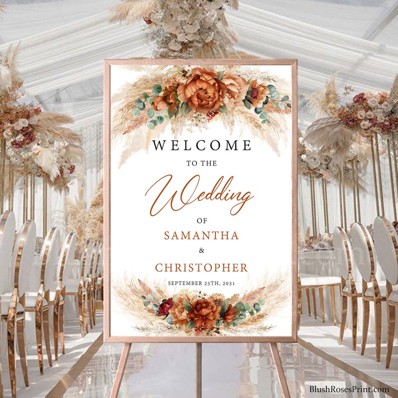 Terracotta Wedding Welcome Sign Template, Copper Floral Welcome Sign ...