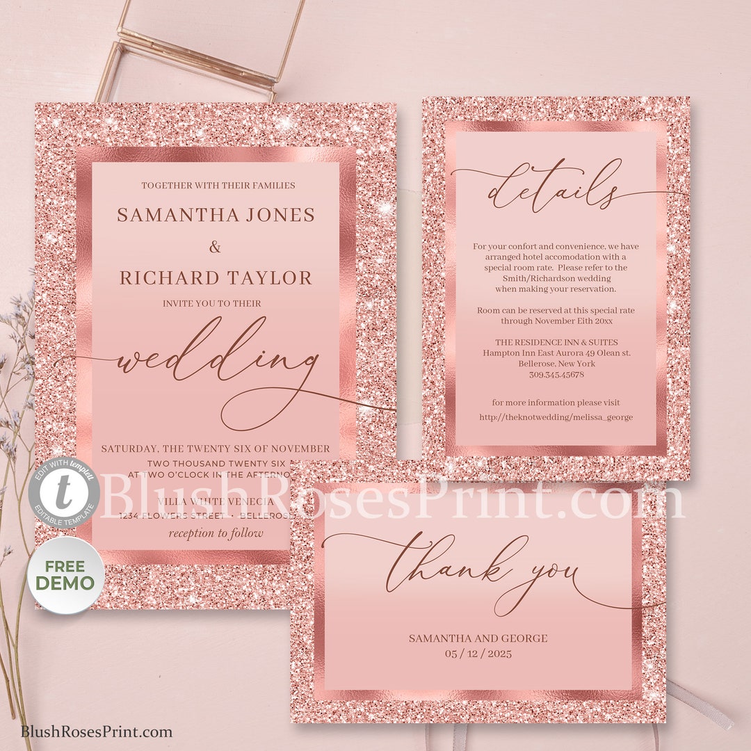 Rose Gold Wedding Invitation Template, Printable Rose Gold Glitter ...