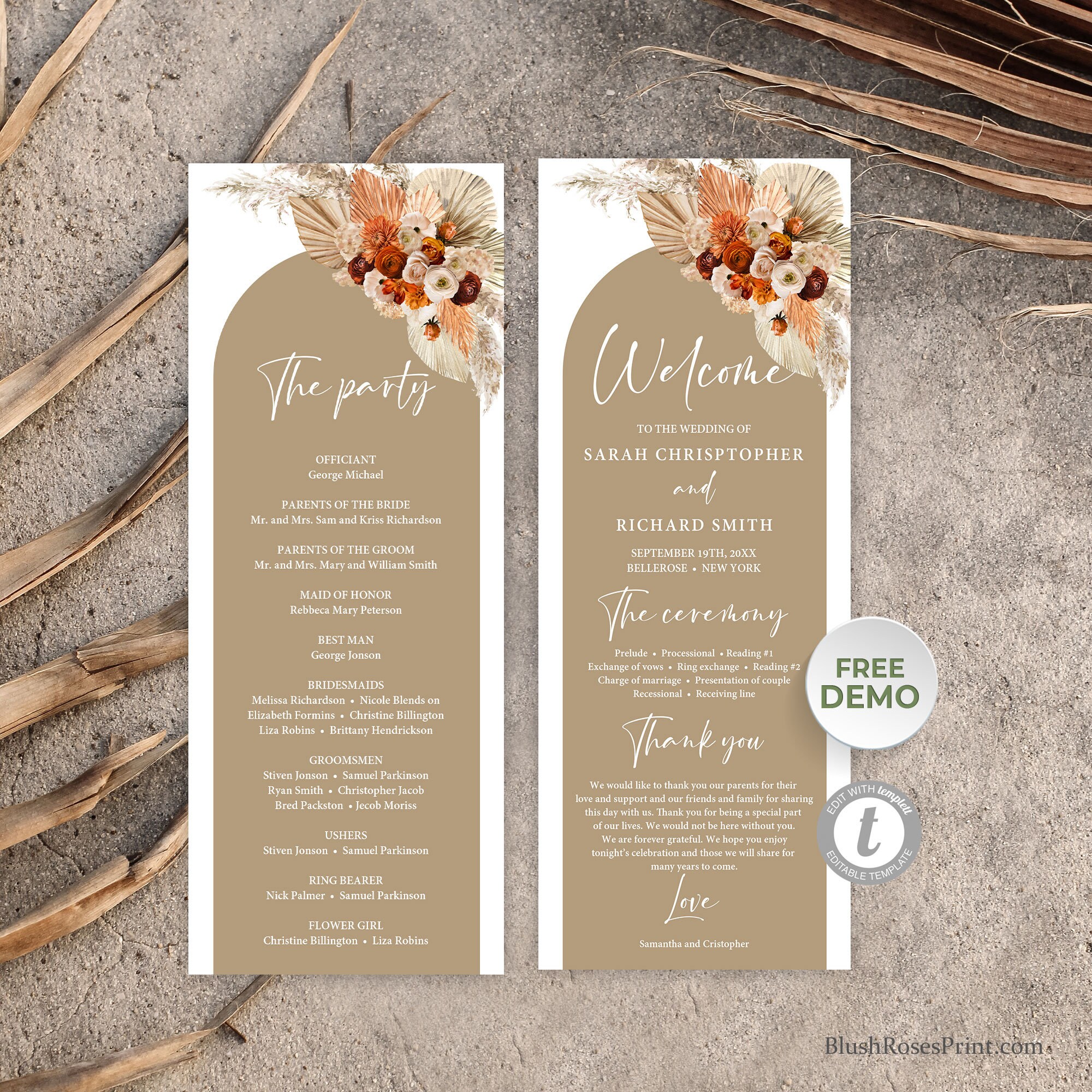 Paper & Party Supplies Programs Boho Wedding Order of Service Editable ...