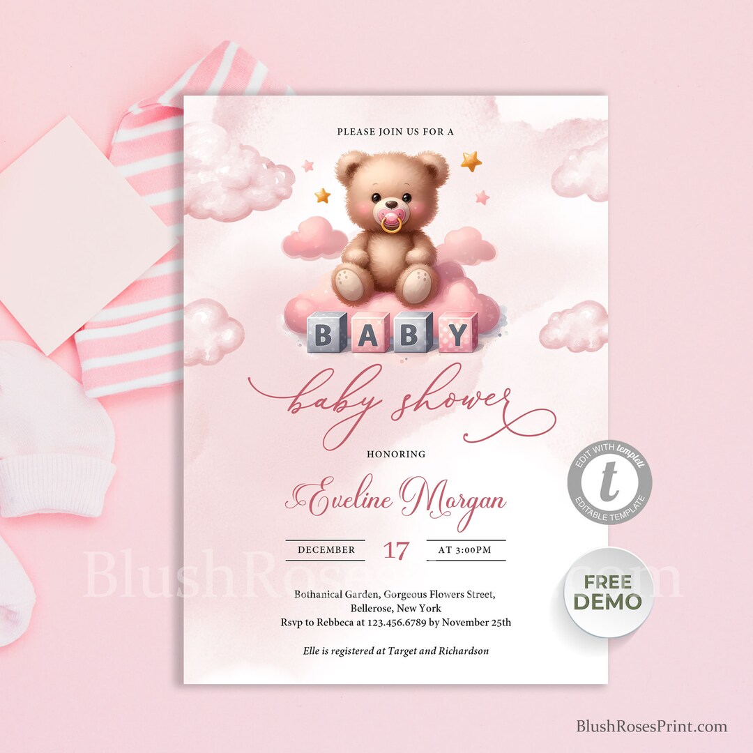 100% Editable Invitation for Girl Baby Shower, Teddy Bear With Pacifier ...