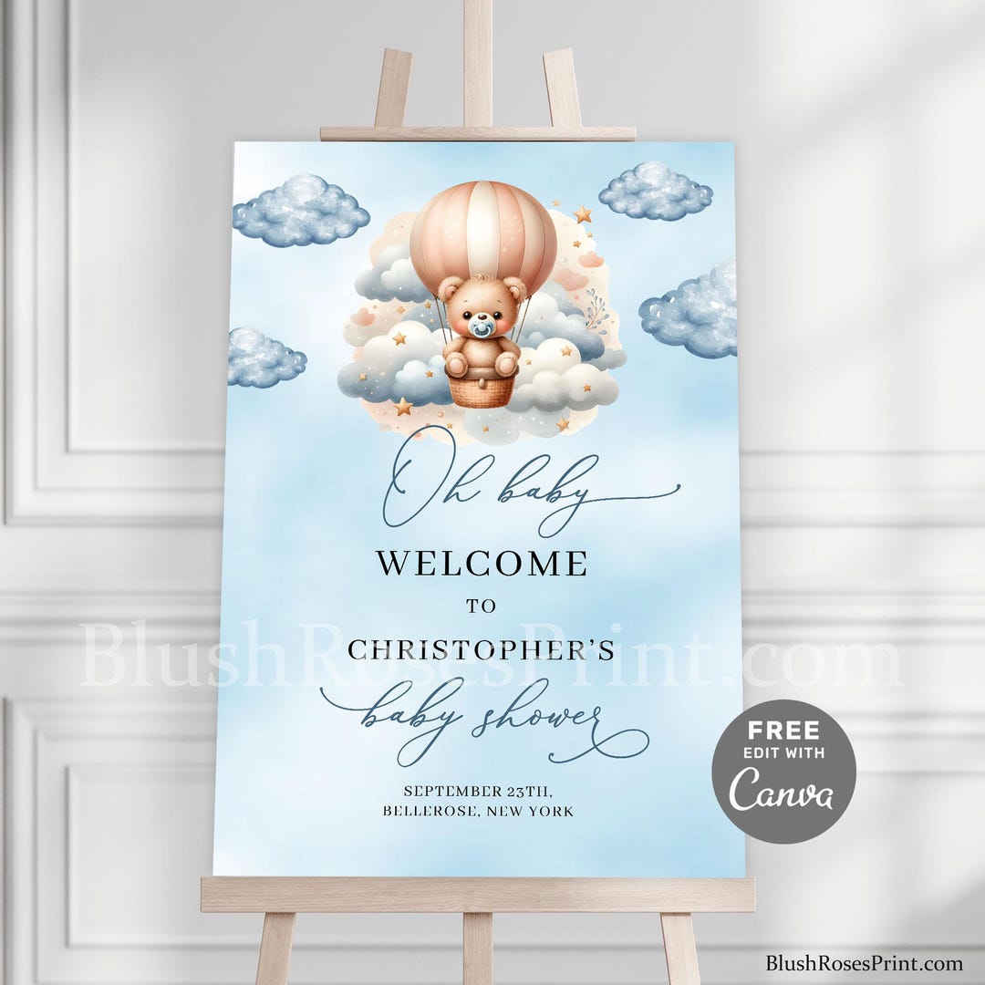 Editable Boy Baby Shower Welcome Poster Template Cute Teddy Bear Over ...