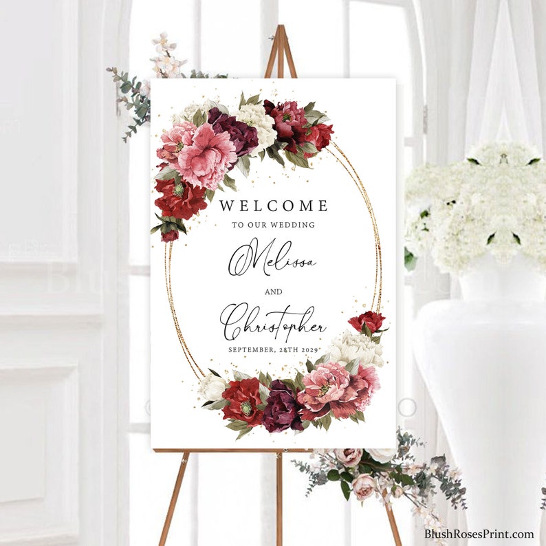 Burgundy and Blush Welcome Sign Template Editable Wedding - Etsy
