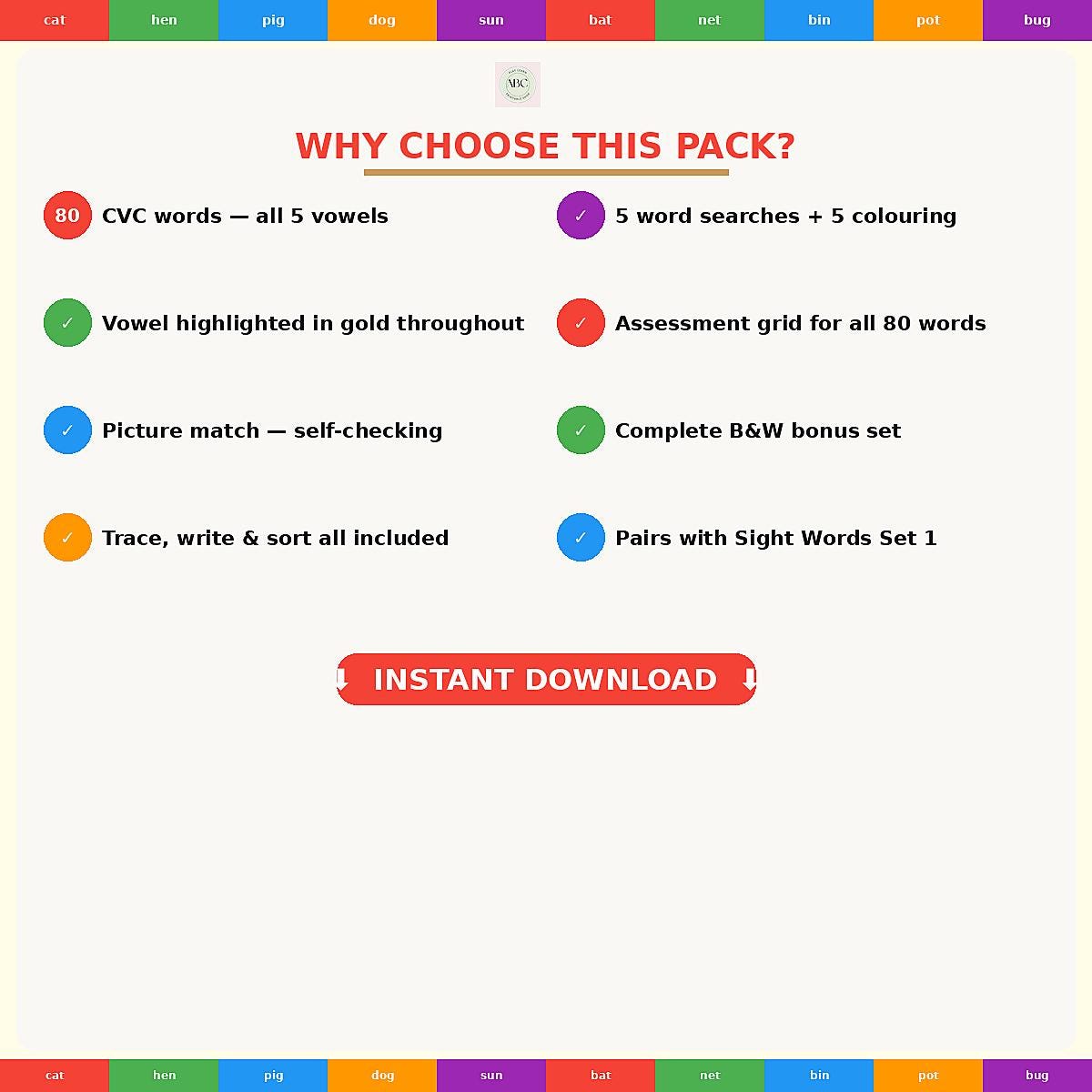 CVC Words Pack | Short Vowels | No Prep | Kindergarten Phonics ...
