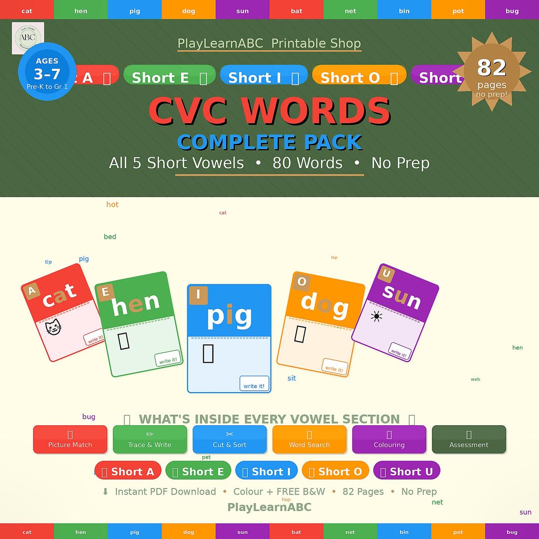 CVC Words Pack | Short Vowels | No Prep | Kindergarten Phonics ...