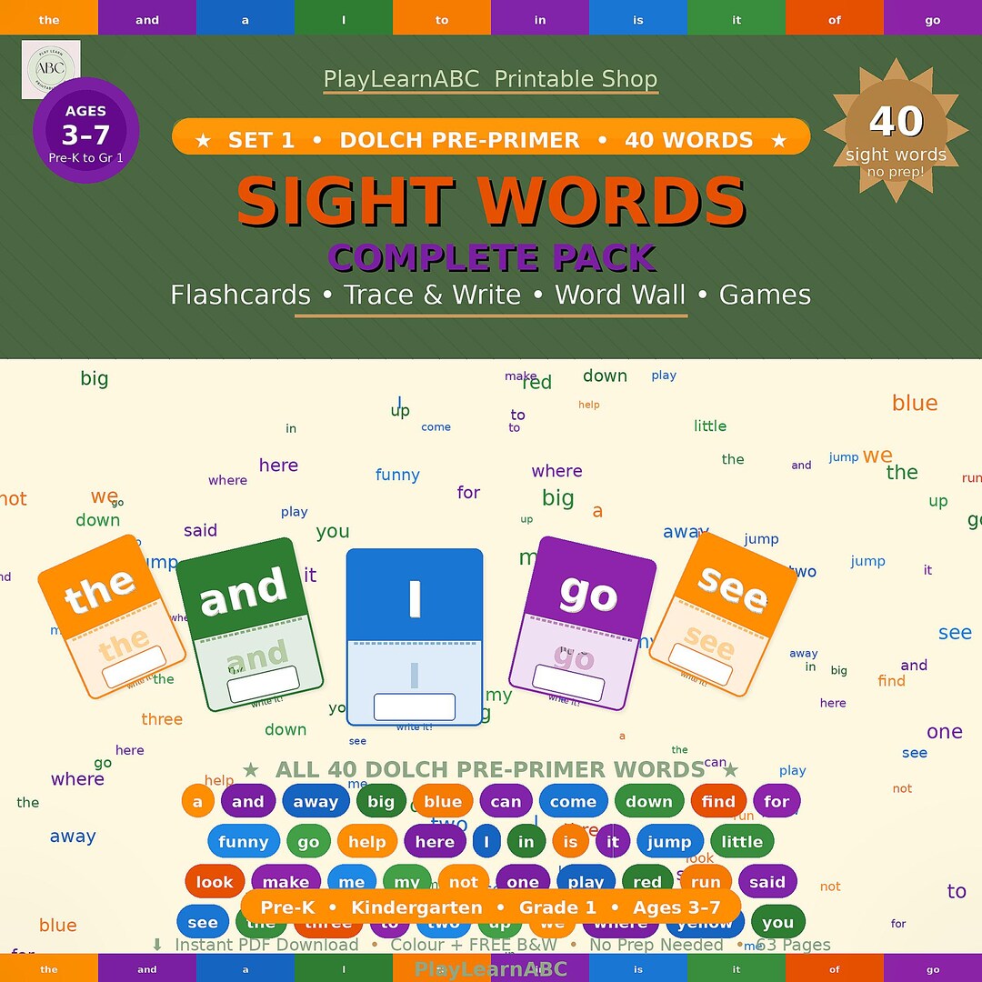 Sight Words Set 1 | Dolch Pre-primer | No Prep | Flashcards Trace Write ...