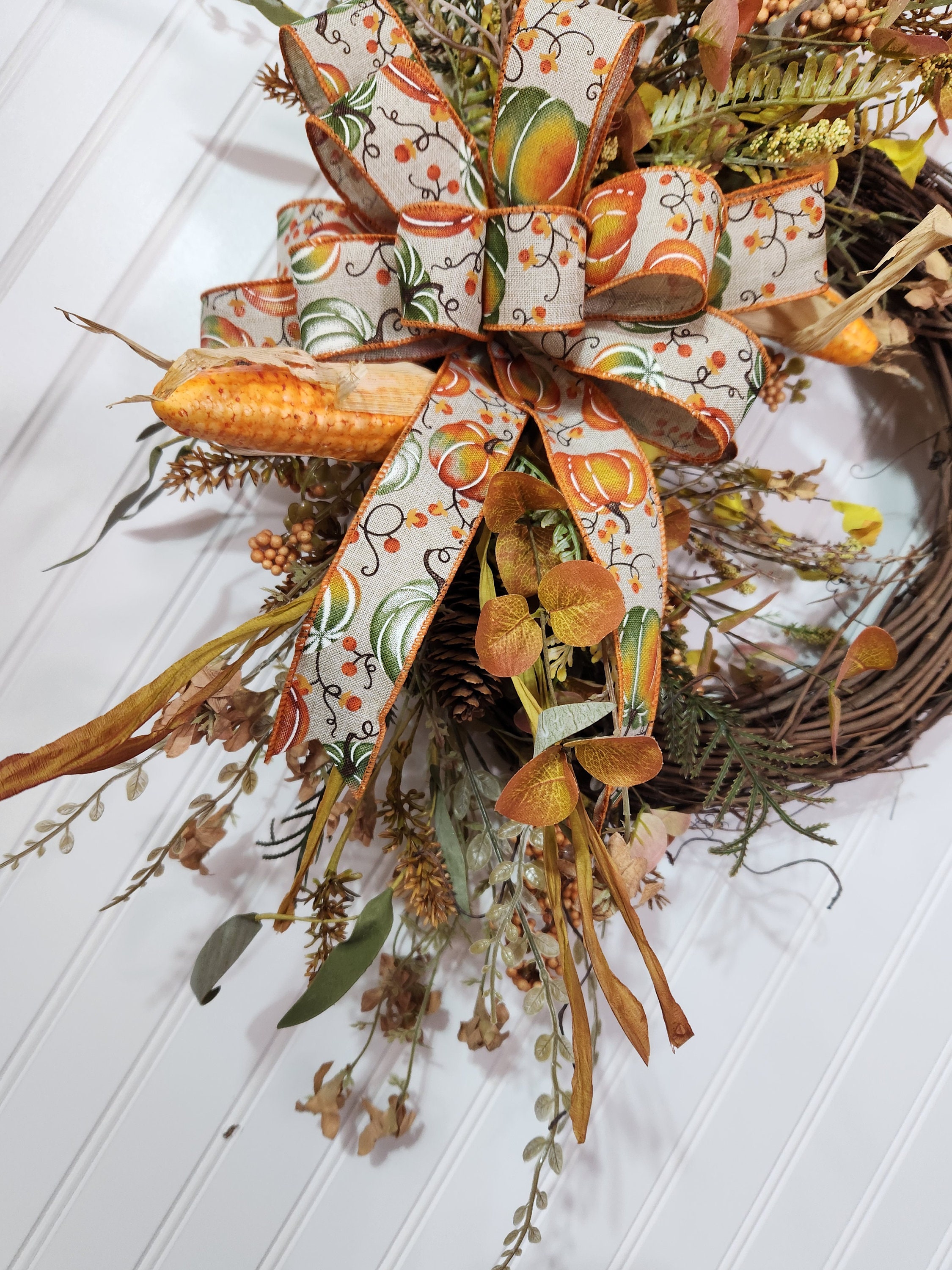 Fall Grapevine Wreath With Ribbon, Wreath, Fall Wreath With Pumpkin ...