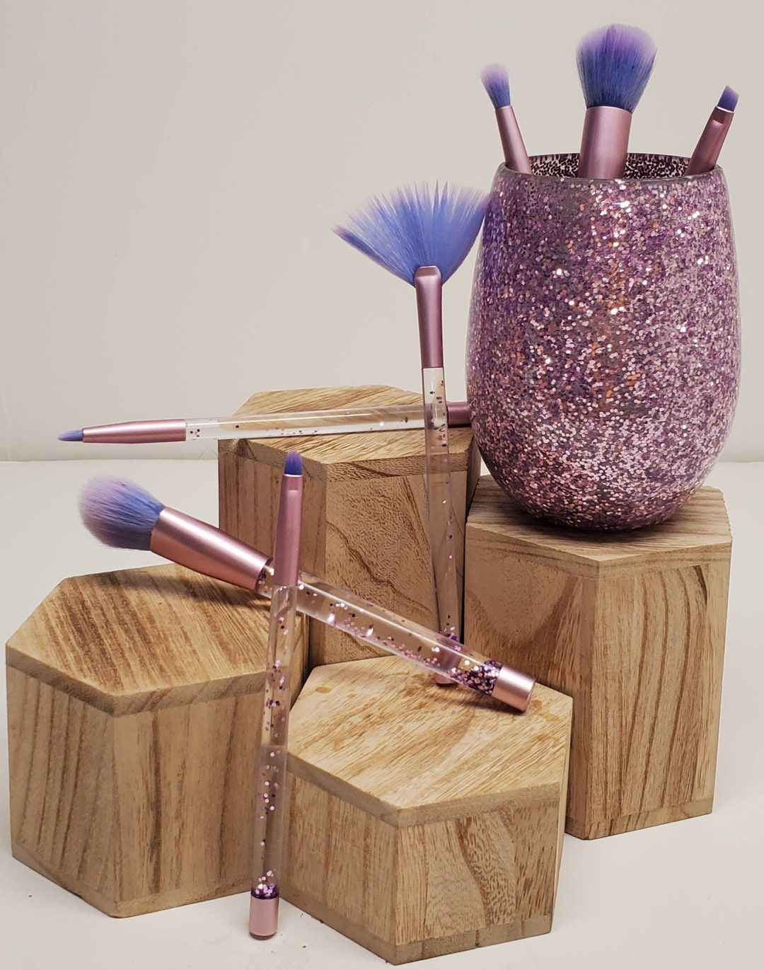 Beautiful Makeup Brushes With Matching Holder, Purple Glitter Makeup ...