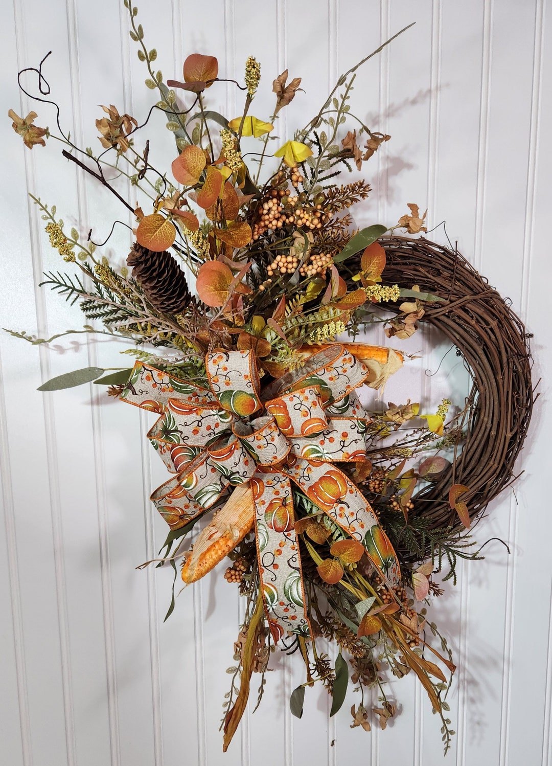 Fall Grapevine Wreath With Ribbon, Wreath, Fall Wreath With Pumpkin ...
