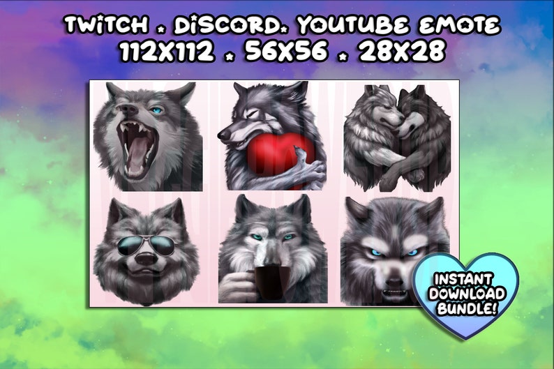 Grey Wolf Emote Bundle 6-pack Twitch Emotes Barking, Hugging a Heart ...