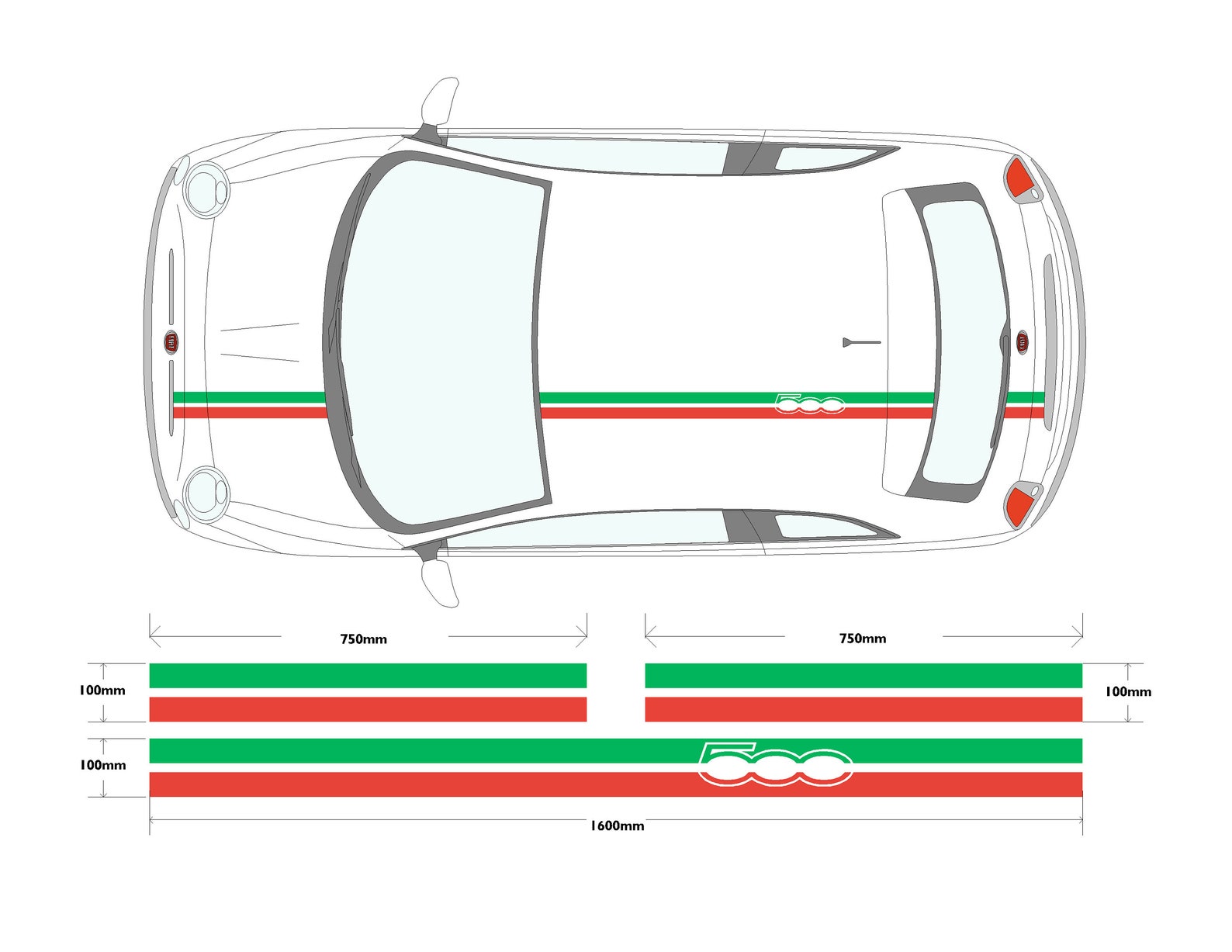 Italian Flag Roof & Bonnet Stripes for Fiat 500 - Vinyl Self Adhesive ...