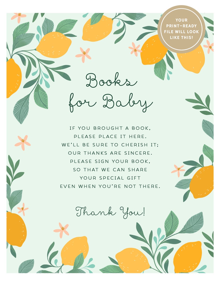 PRINTABLE Books for Baby Sign for Lemon Baby Shower Citrus Baby Shower ...