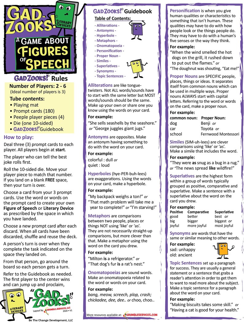 Educational Family Game (NO PREP): Gadzooks! Literary Devices ...