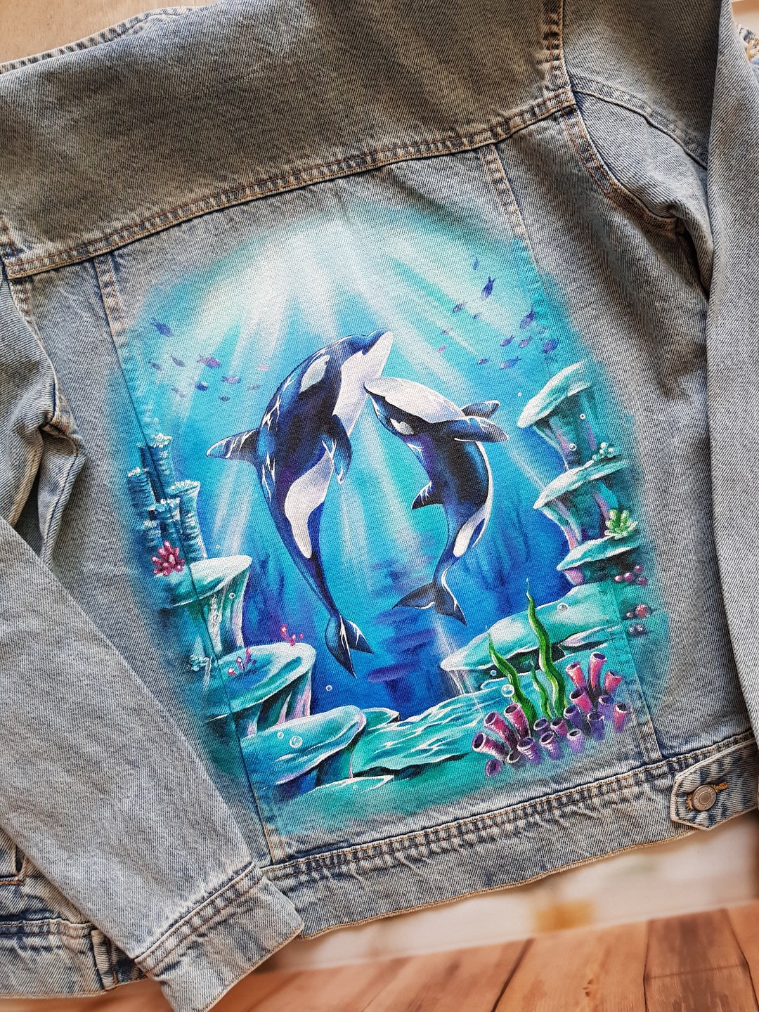 Hand-drawn Whale Jean Jacket, Original Painting, Coral Reef and Whales ...