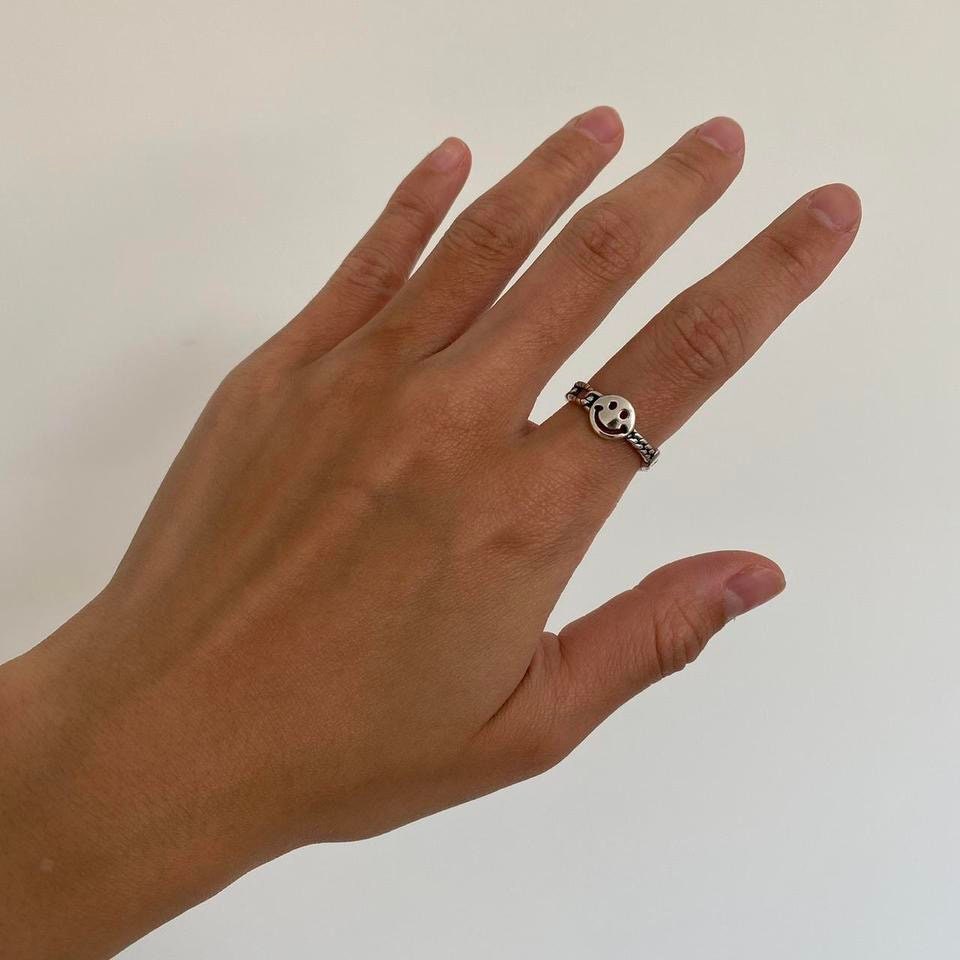Silver Smiley Face Ring, Stackable Smiley Face Ring, Silver Smiley Face Chain Ring, Adjustable ...