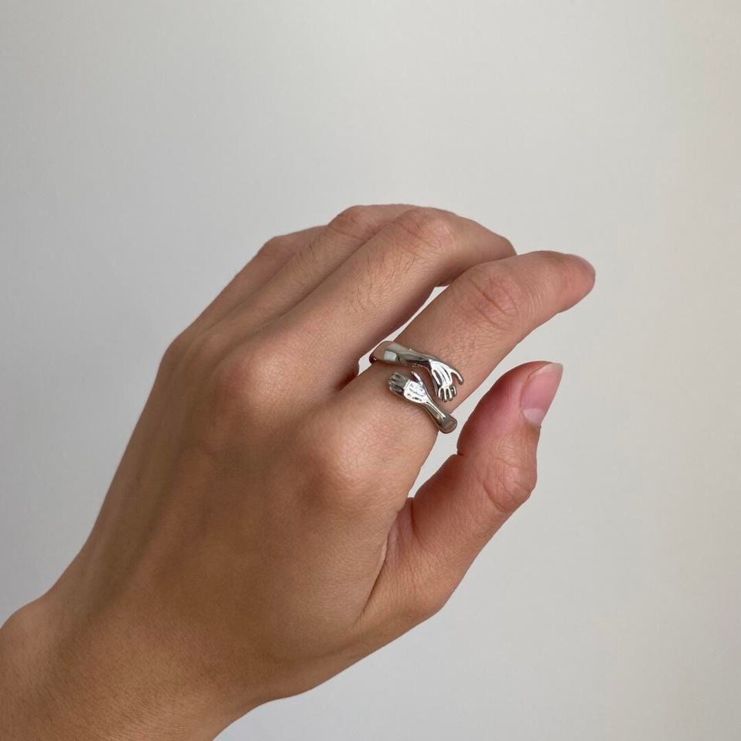 Silver Hands Wrap Around Ring, Adjustable, Hugging Hands Couple Ring ...