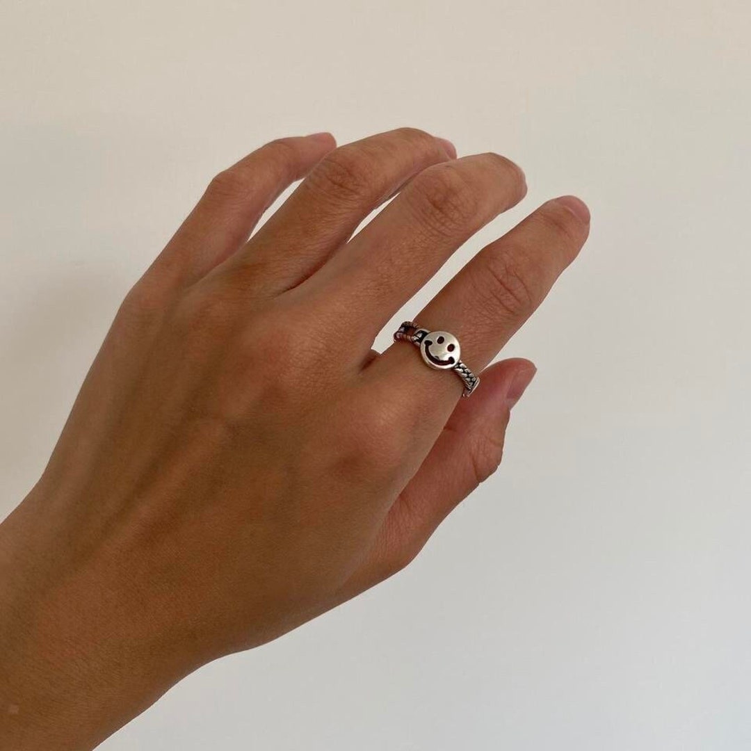 Silver Smiley Face Ring, Stackable Smiley Face Ring, Silver Smiley Face Chain Ring, Adjustable ...